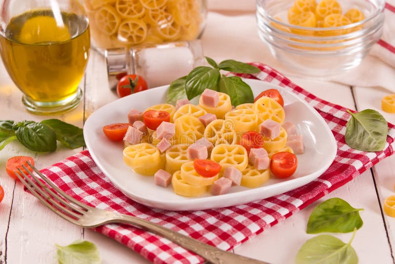 Ruote Pasta with Tomato and Ham. Stock Image - Image of cooking ...