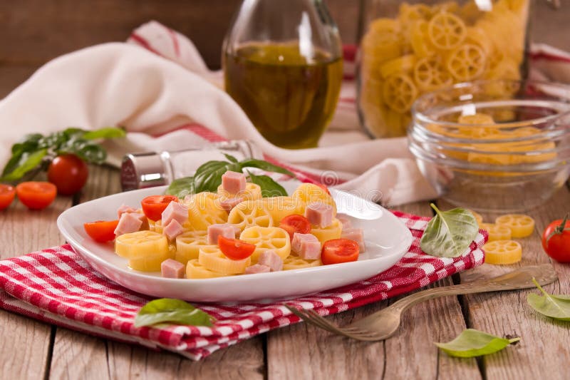 Ruote Pasta with Tomato and Ham. Stock Image - Image of homemade ...