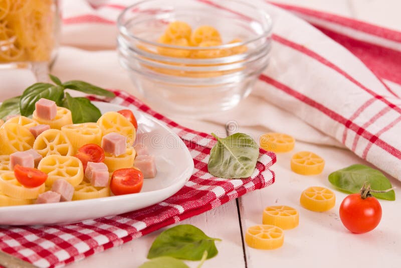 Ruote Pasta with Tomato and Ham. Stock Image - Image of ingredient ...