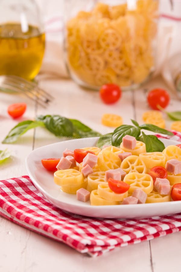 Ruote Pasta with Tomato and Ham. Stock Photo - Image of macaroni ...