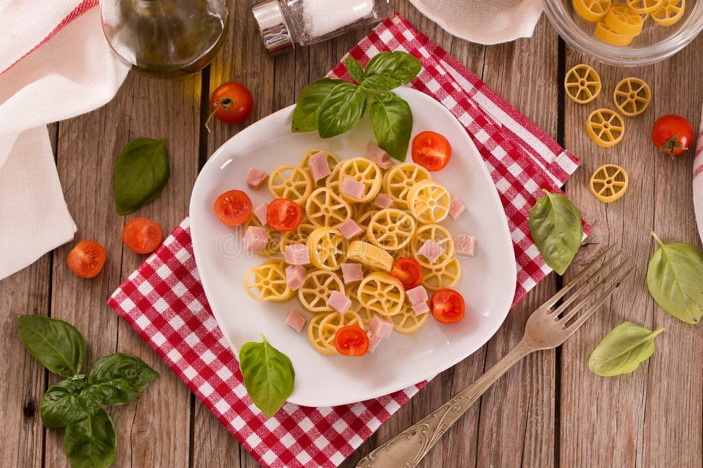 Ruote Pasta with Tomato and Ham. Stock Image - Image of health, healthy ...
