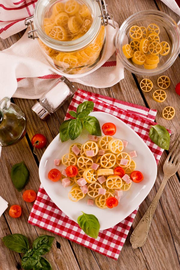 Ruote Pasta with Tomato and Ham. Stock Image - Image of cuisine ...