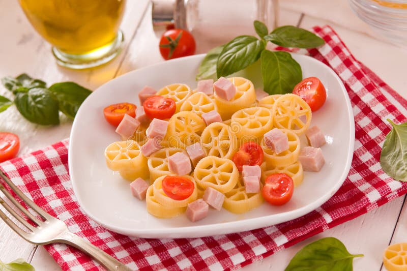 Ruote Pasta with Tomato and Ham. Stock Image - Image of vegetarian ...