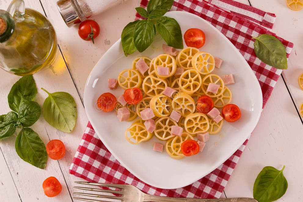 Ruote Pasta with Tomato and Ham. Stock Photo - Image of cold, appetizer ...