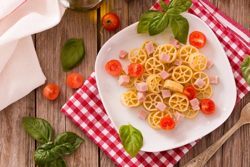 Ruote Pasta with Tomato and Ham. Stock Image - Image of health ...