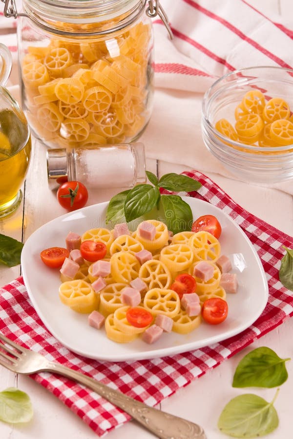 Ruote Pasta with Tomato and Ham. Stock Photo - Image of mixed, dish ...