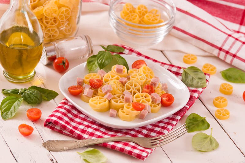Ruote Pasta with Tomato and Ham. Stock Image - Image of healthy, basil ...
