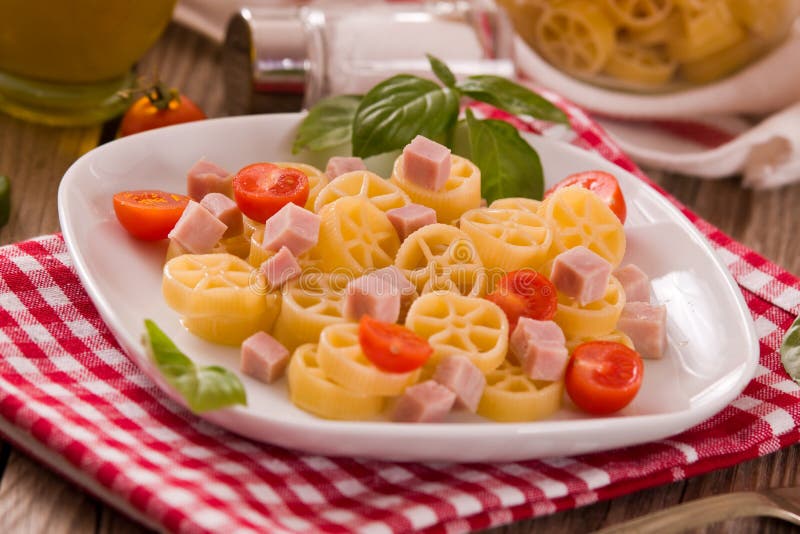 Ruote Pasta with Tomato and Ham. Stock Image - Image of condiment ...