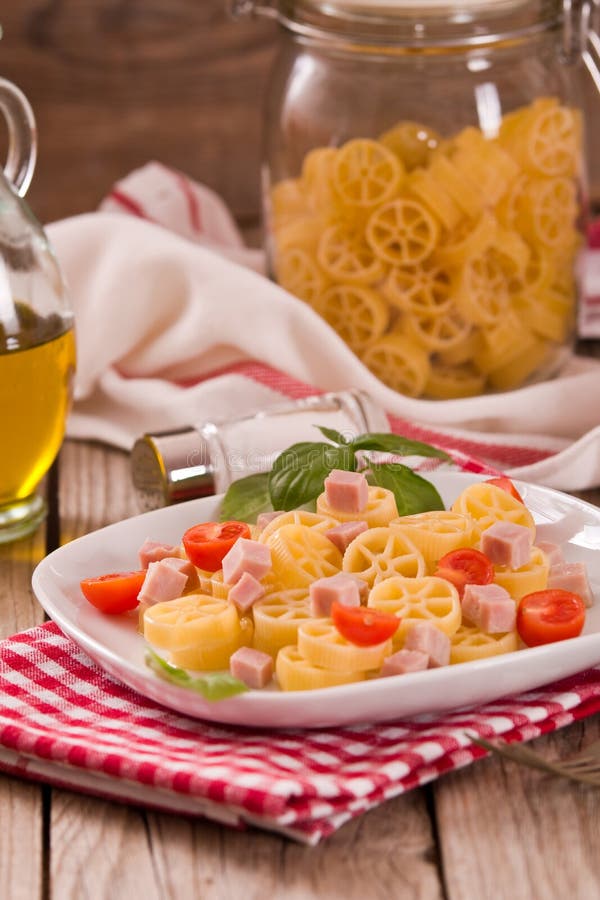 Ruote Pasta with Tomato and Ham. Stock Photo - Image of appetizer ...