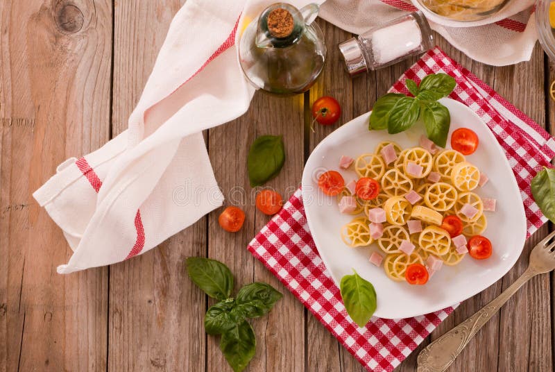 Ruote Pasta with Tomato and Ham. Stock Image - Image of cooked, cooking ...
