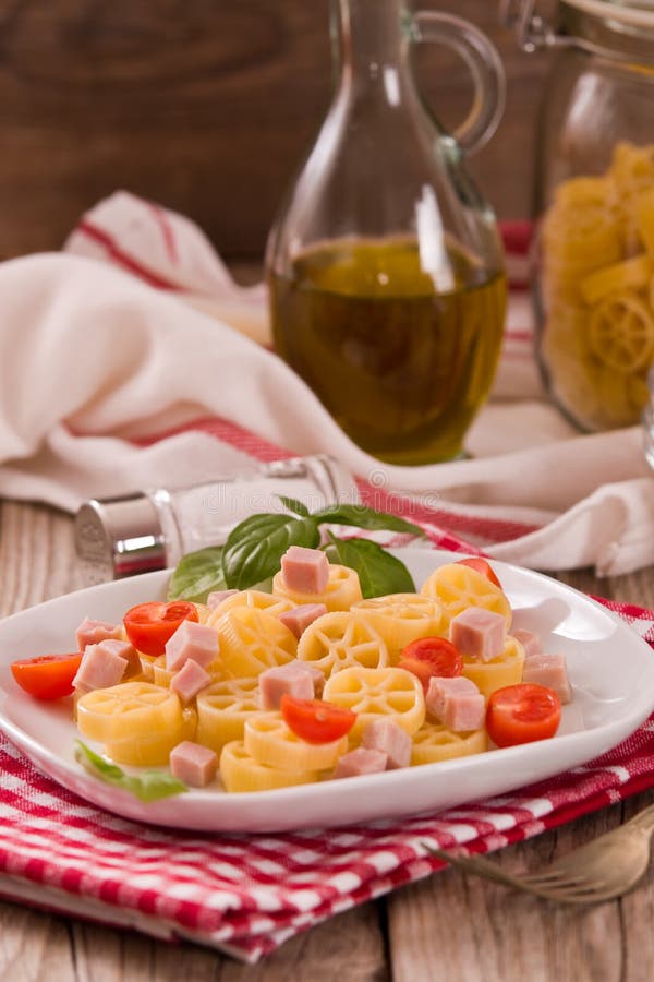 Ruote Pasta with Tomato and Ham. Stock Image - Image of meal, cold ...