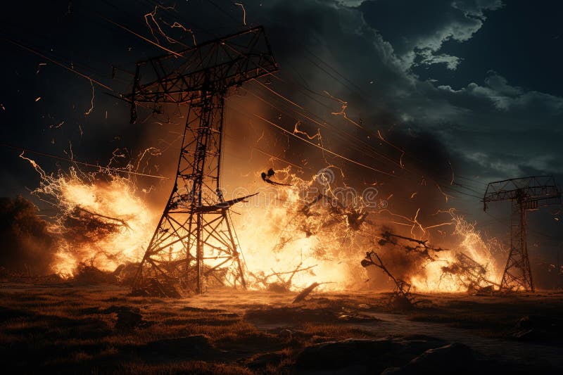 The Rupture of a Power Line Causing Sparks To Emanate from the Severed ...
