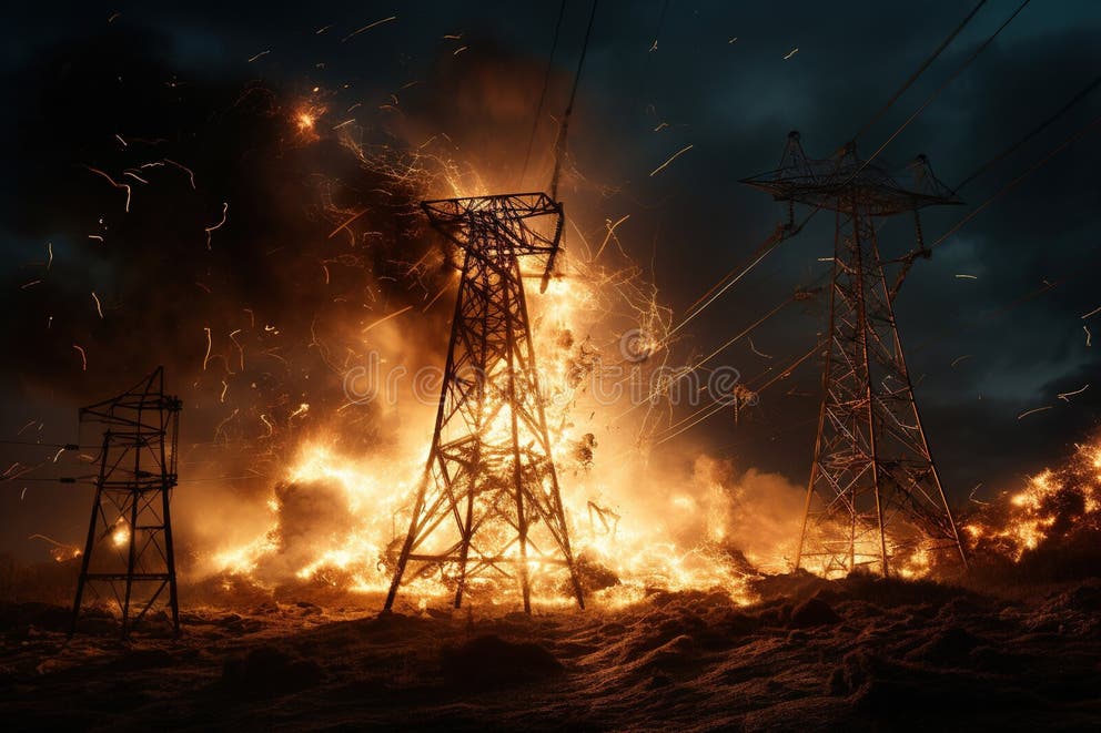 The Rupture of a Power Line Causing Sparks To Emanate from the Severed ...