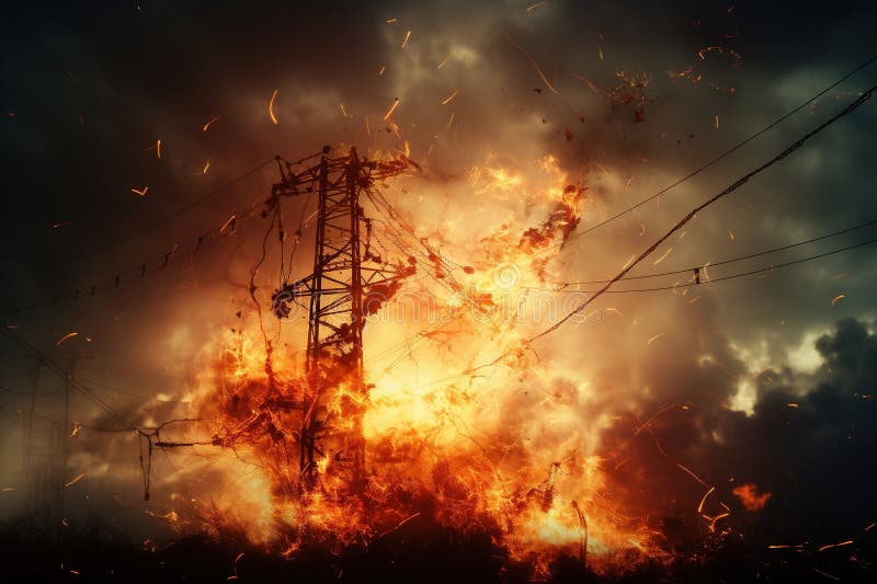 The Rupture of a Power Line Causing Sparks To Emanate from the Severed ...