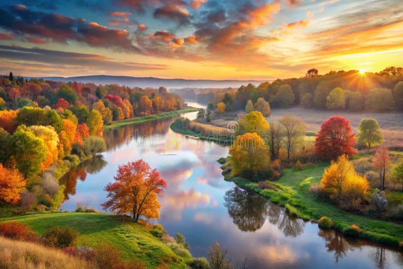 Rural Autumn Sunrise â€ Soft Panorama of River and Colorful Trees Stock ...