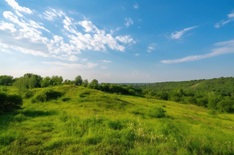 Rural Background with Lush Green Foliage and Clear Blue Sky Stock ...