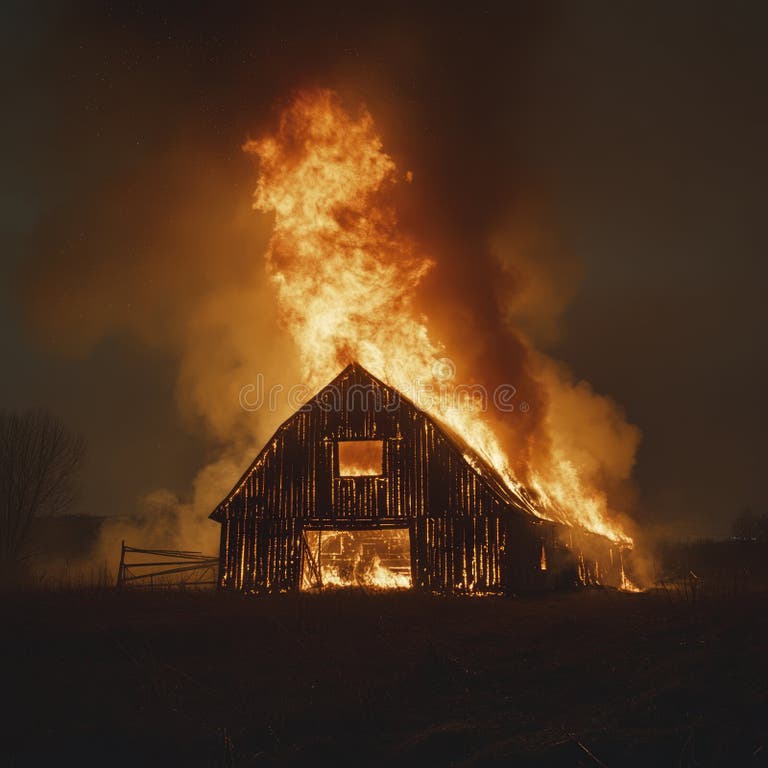 A Rural Barn Consumed by Fire, Flames Licking the Sky Stock Photo ...
