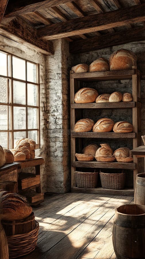 A Rural Bread Bakery with Rustic Loaves Stacked on Wooden Racks. Pic ...