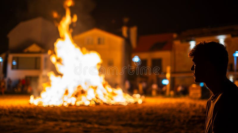 Rural Celebration with the Hole Town Watching the Fire of a Bonfire and ...