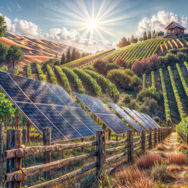 Rural Charm: Solar Panels Complement Vineyard Landscape, Generative Ai ...