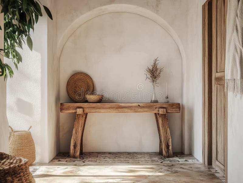 Rural Chic Interior: Rustic Dining Table by Stone Wall Stock Photo - Image of natural, design ...