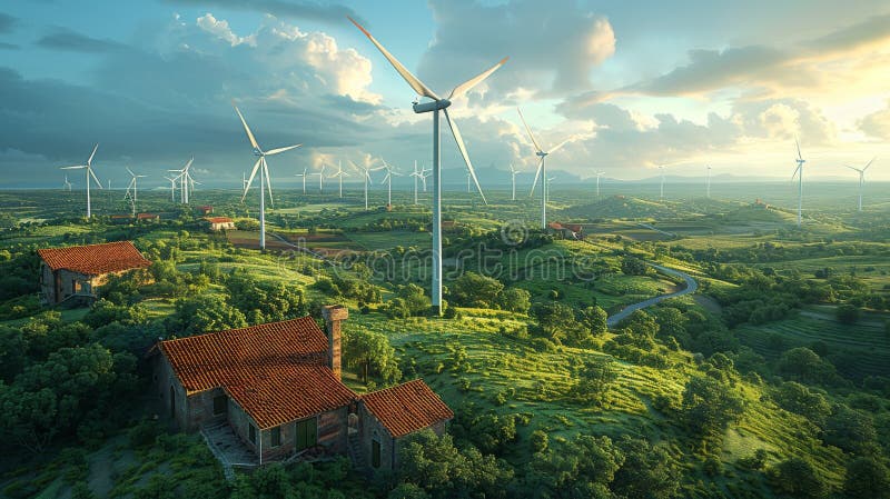 In a Rural Community, Wind Turbines are Scattered Throughout, Connected ...