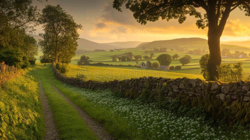 Rural Countryside Path Sunset Golden Hour Landscape Stock Illustration ...