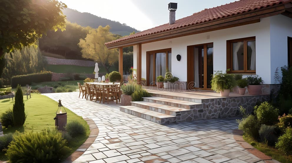 Rural Courtyard, a House with a Patio and a Table Stock Illustration ...