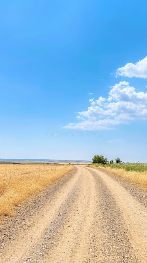 Rural Dirt Road through Golden Fields Under Blue Sky with Clouds Stock ...
