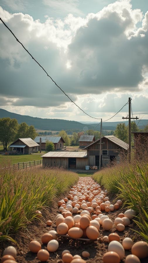 Rural Farm Landscape with Abundance of Eggs Spread Across Path Stock ...