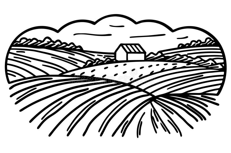 Rural Farm Landscape Drawing with Rolling Fields and Barn Under Cloudy ...