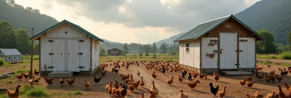 Rural Farm Landscape with Free-range Chickens and Barns Stock Image ...