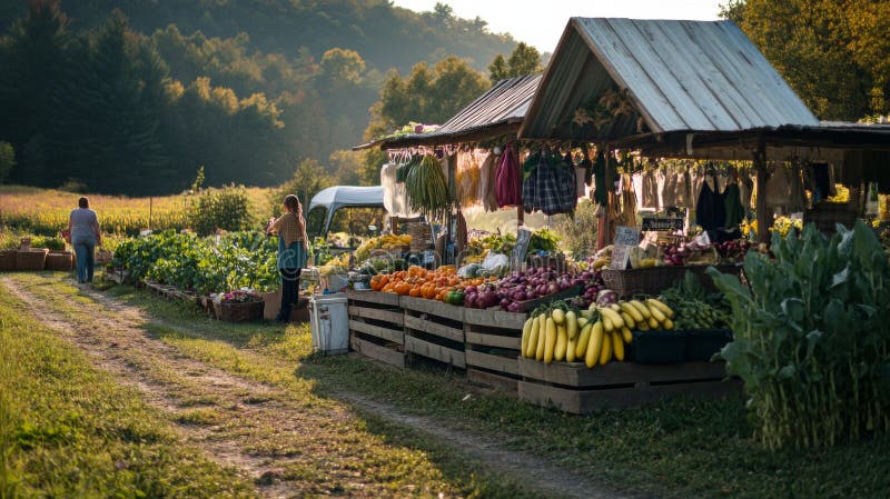 Rural Farm Stand with Fresh Produce and Customers Stock Illustration ...