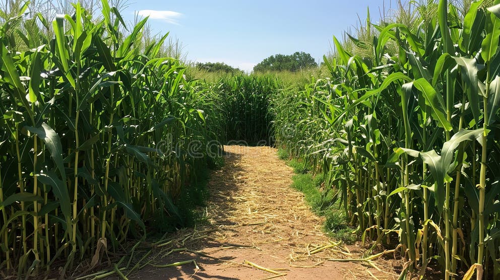 Rural Corn Field. Dirt Path Running between Tall Rows of Corn Stalks ...