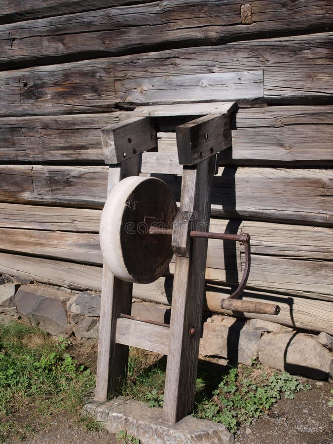 Old Grindstone with Crank in Wooden Frame Stock Image - Image of ...