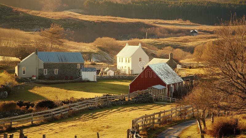 Rural Homes Bask in Golden Afternoon Sunlight Stock Illustration ...