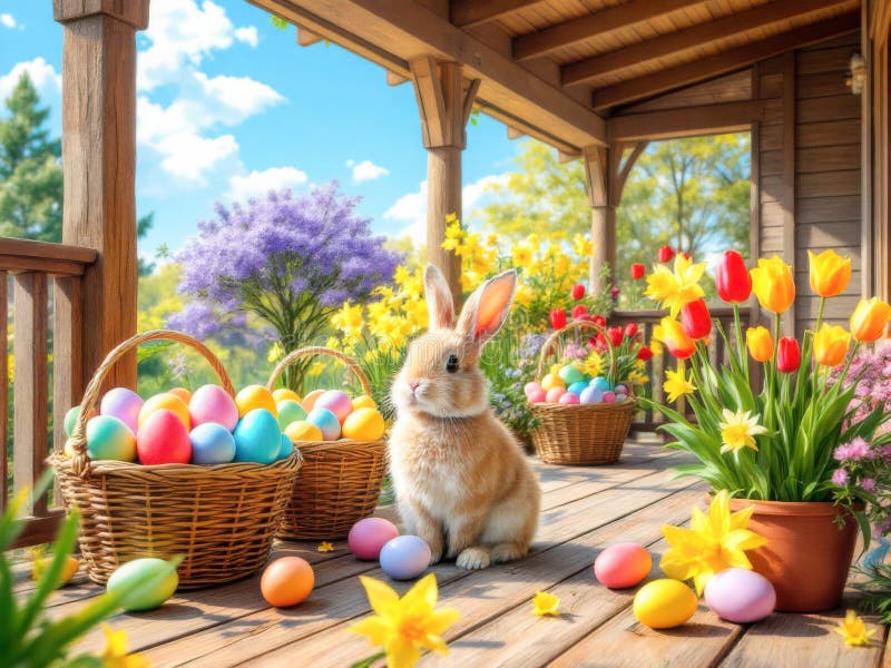 Rural House Easter Decorated Porch with Cute Rabbit, Easter Eggs and ...