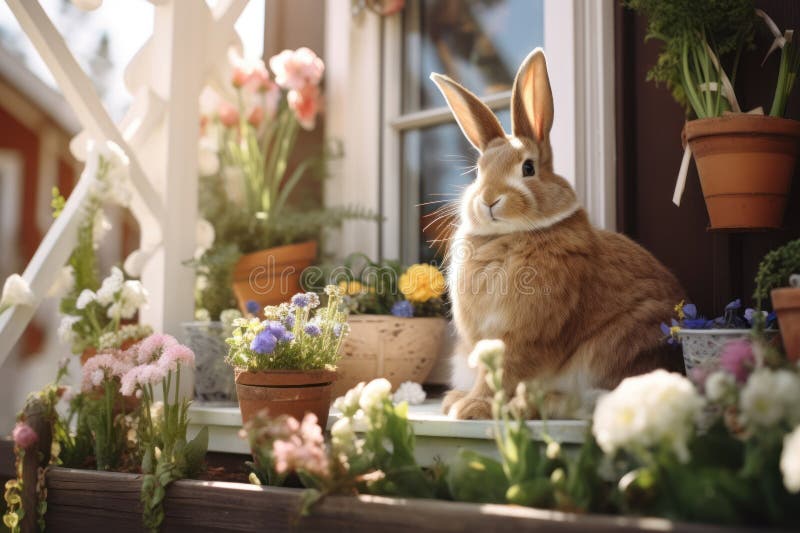 Rural House Easter Decorated Porch with Fluffy Rabbit, Easter Eggs and ...