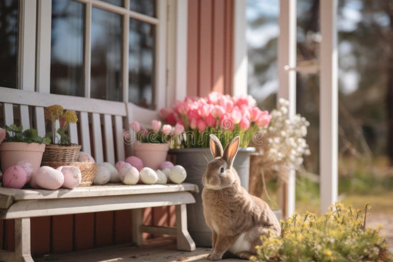 Rural House Easter Decorated Porch with Real Rabbit, Easter Eggs and ...