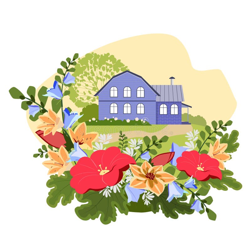 Rural House with Trees and Frame of Flowers. Stock Vector ...