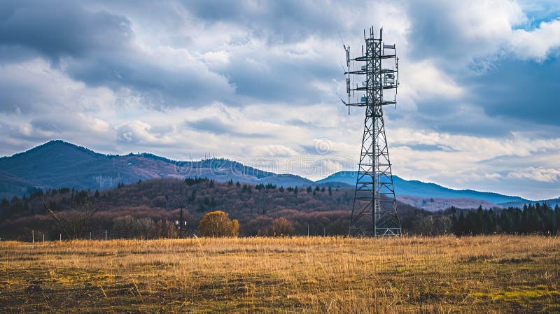 Rural Internet Tower with Mountain Landscape Under Cloudy Sky, Concept ...