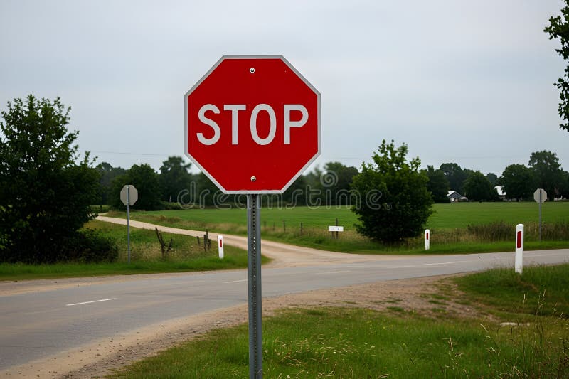Rural Intersection Stop Sign with Overcast Sky and Green Fields Stock ...