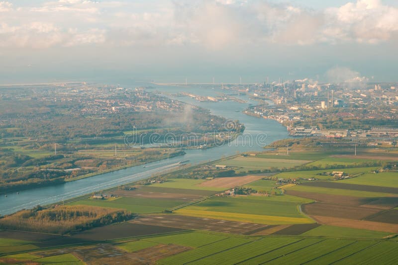 Rural Landscape Aerial View with Fields, River and Village Stock Image ...