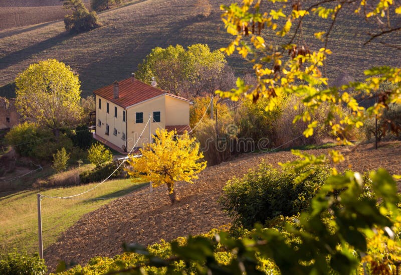 Rural Landscape in Fall with Farm Fields and Country House Stock Photo ...