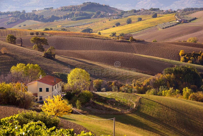 Rural Landscape in Fall with Farm Fields and Country House Stock Photo ...