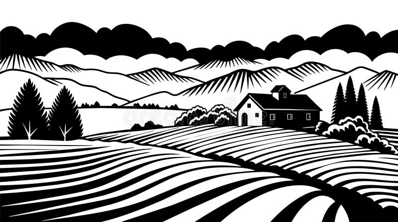 Rural Landscape with Farm House and Fields. Engraving Hand Drawn Vector ...