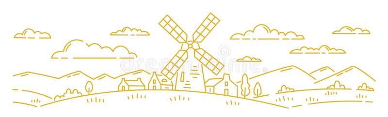 Rural Landscape Field with a Mill. Vector Line. Editable Outline Stroke ...
