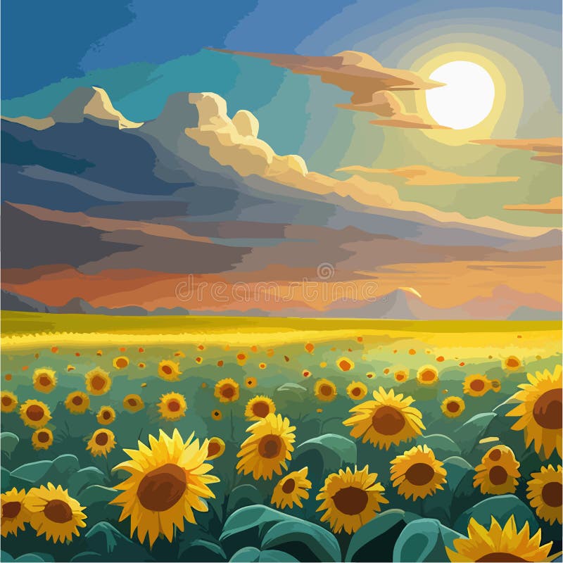 Sunflowers Farm in the Summer Day Stock Illustration - Illustration of ...