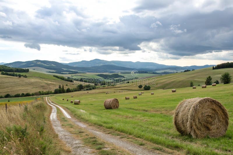 Rural Landscape with Haystacks in the Field Stock Illustration ...