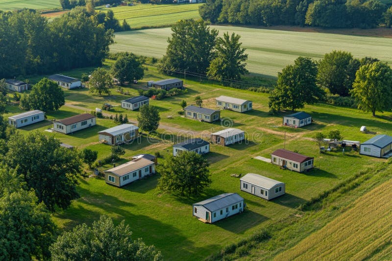 Rural Landscape with Multiple Small Houses in a Green Field Stock Image ...